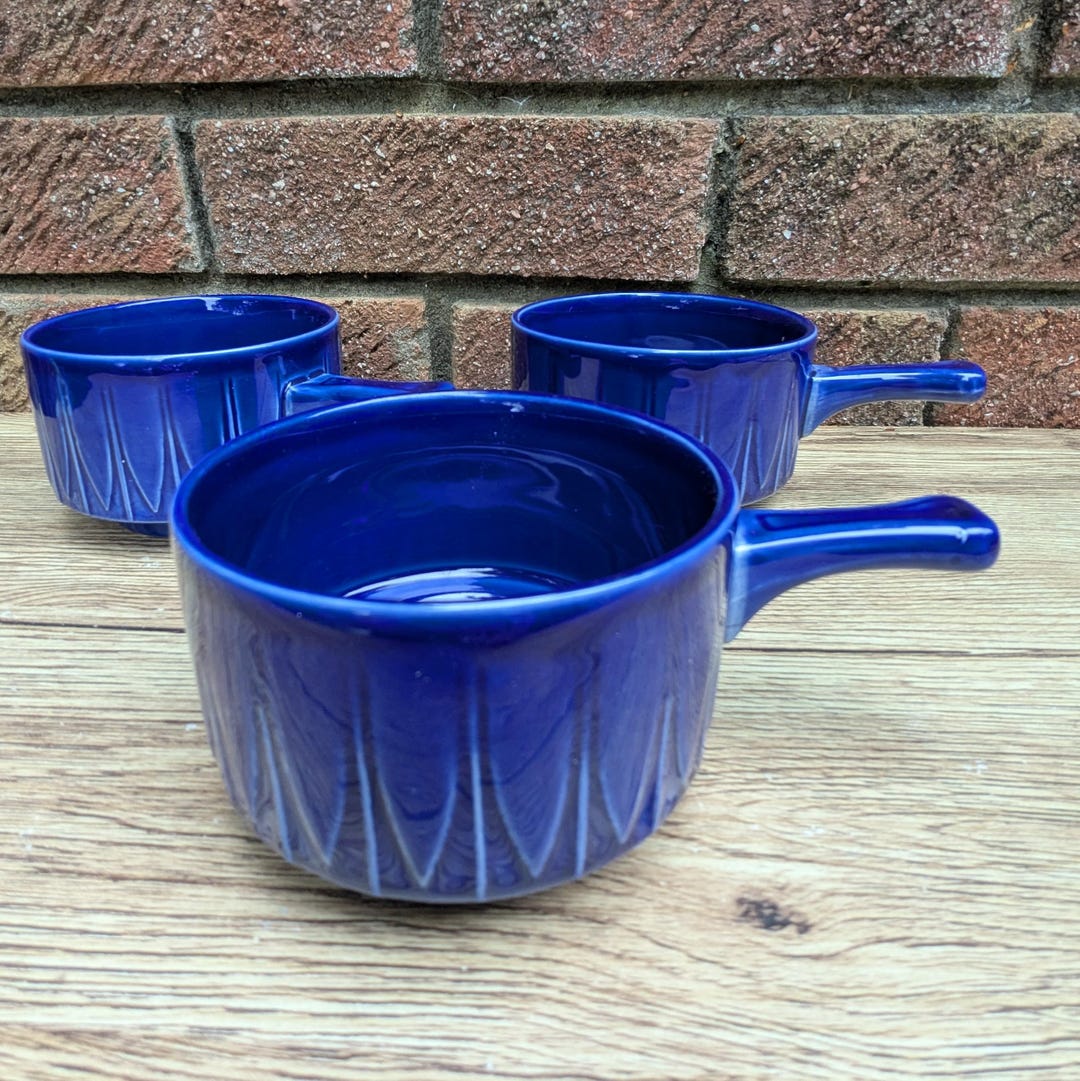 Vintage THREE Glazed Pottery Cups Blue Retro One Handled Soup Cups TAMS ...