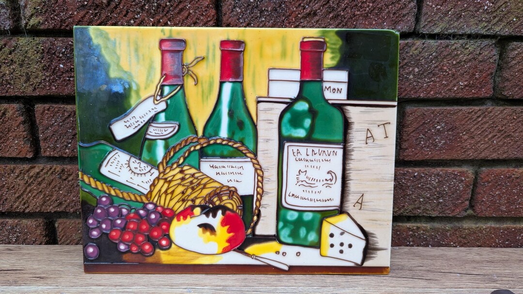 1990s Decorative Ceramic Wall Tile – Wine & Cheese Still Life – Hand ...