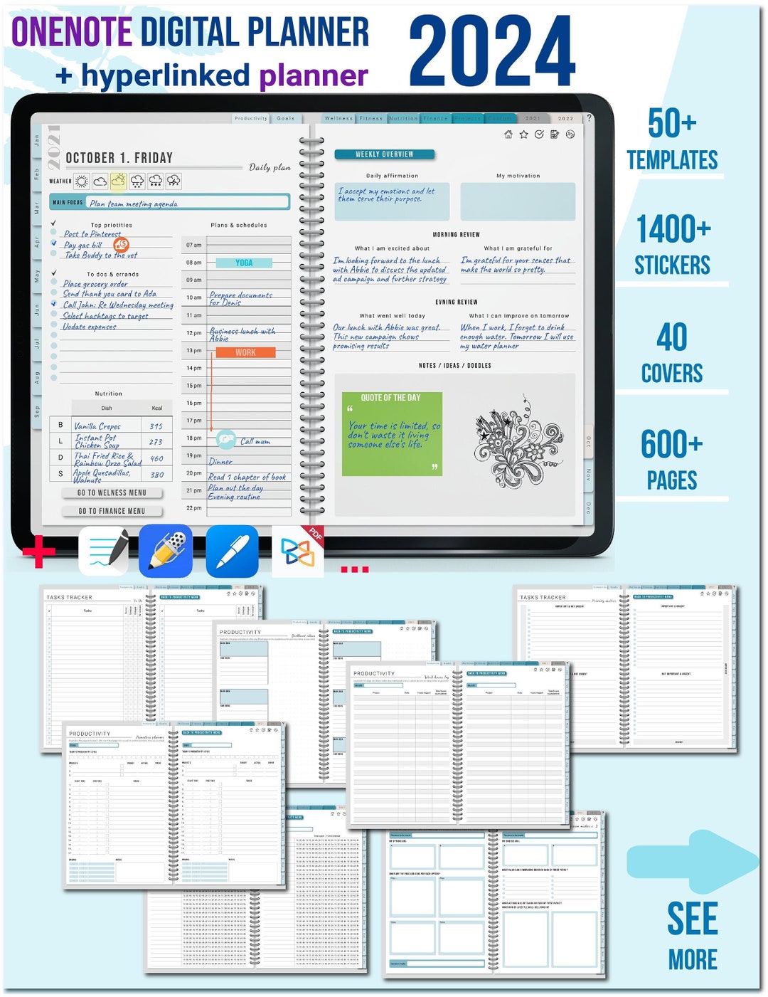 Onenote planner hyperlinked 2024 sea-blue template, Onenote planner for ...