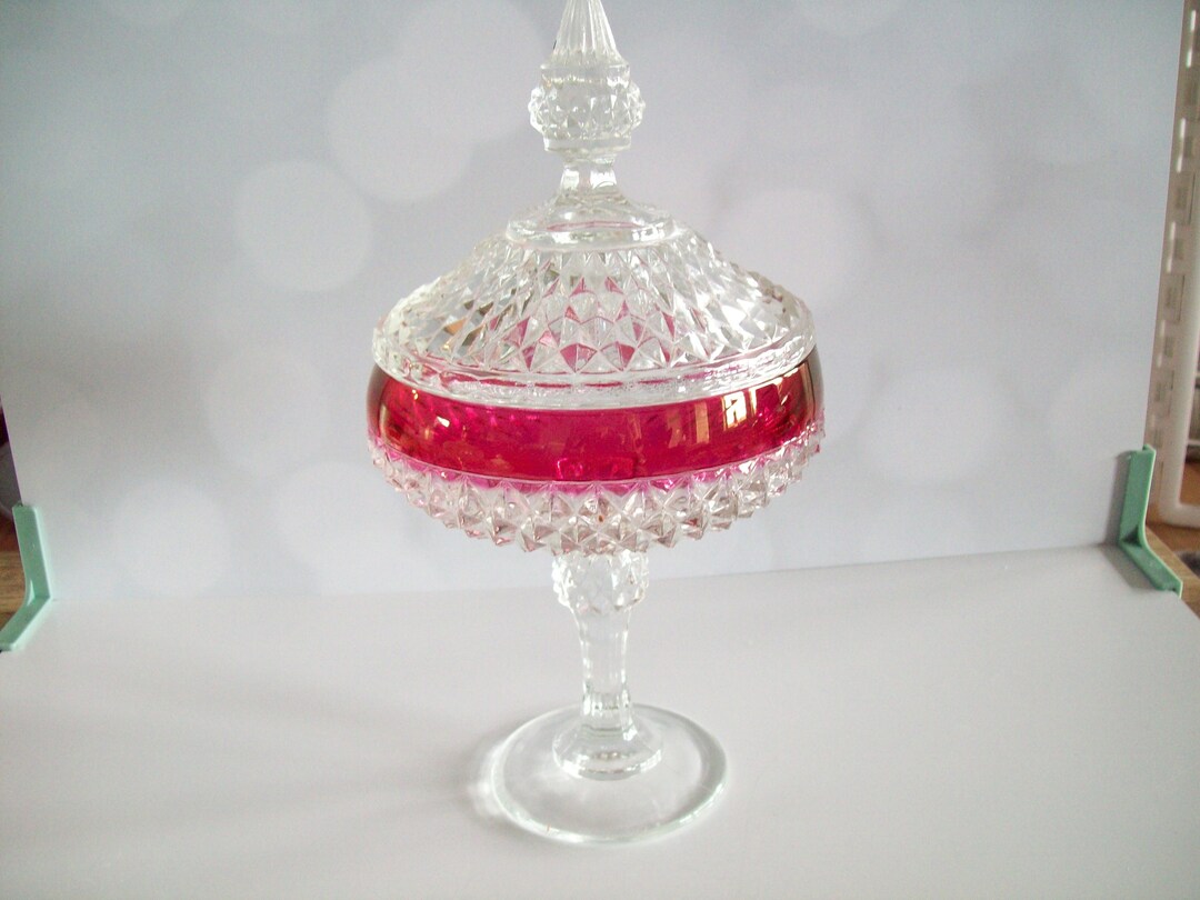 Indiana Glass Diamond Point Ruby Flash Lidded Compote - Etsy