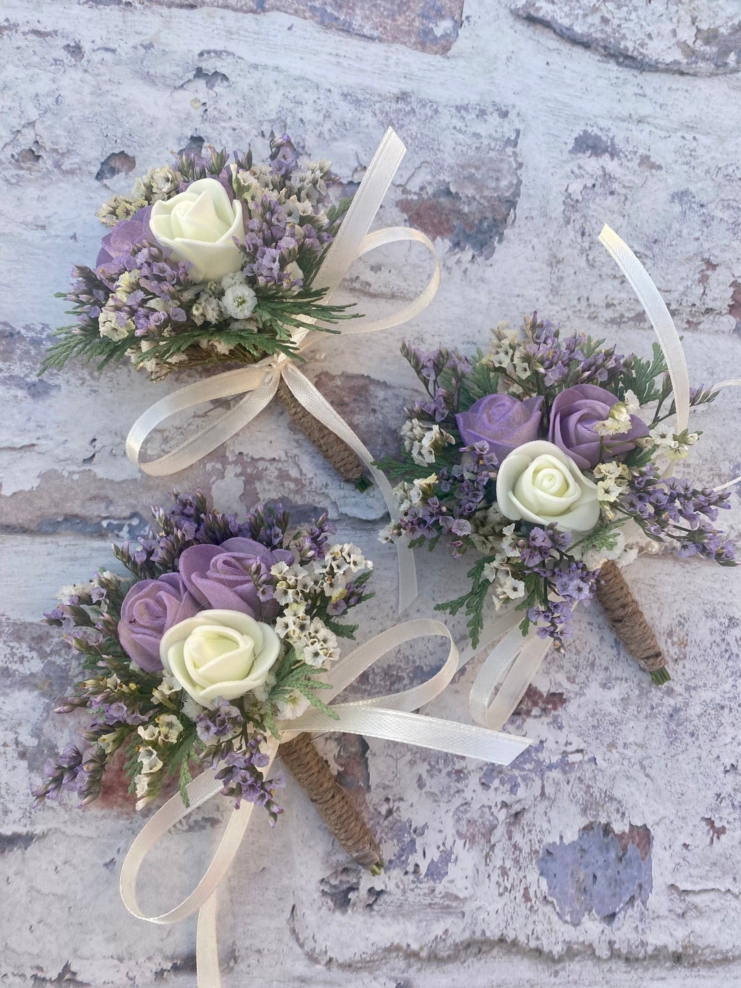 Purple, Lavender, Ivory, White, Wedding Buttonhole, Rustic dried, Silk ...