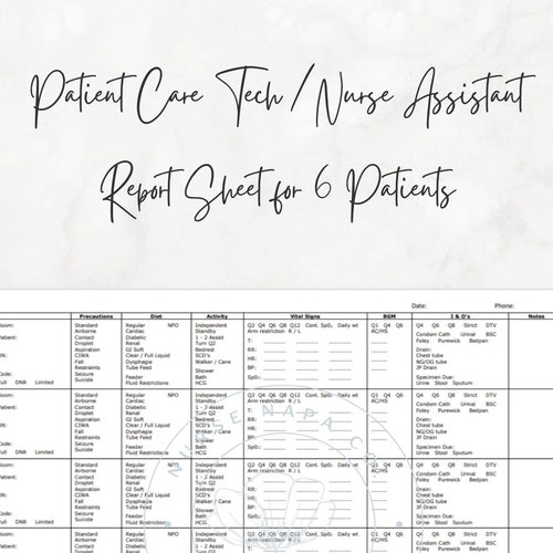 Patient Care Tech/nurse Assistant Report Sheet - Etsy