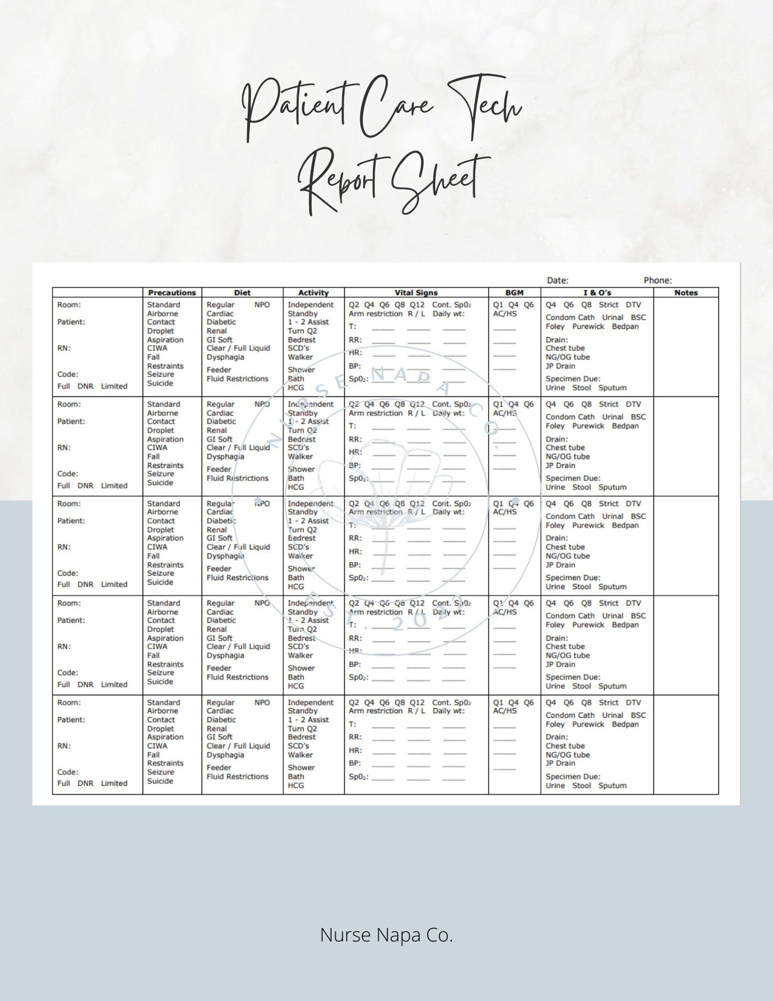 Patient Care Tech/nurse Assistant Report Sheet Multiple - Etsy