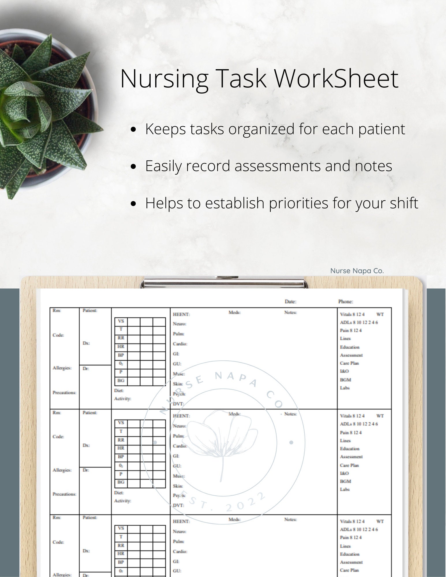 4 Patient Nursing Task Worksheet, Shift Planner, HIGH QUALITY, RN Task ...