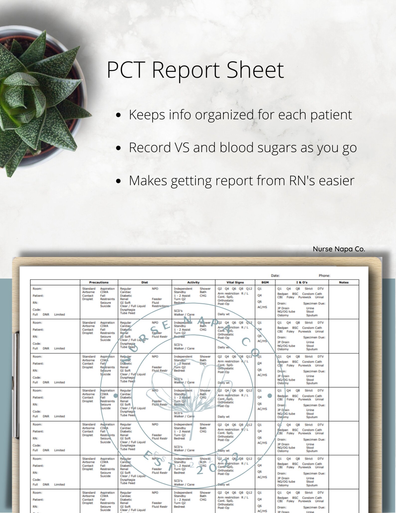 7 Patient Pct/cna Report Sheet, Patient Organization, HIGH QUALITY ...