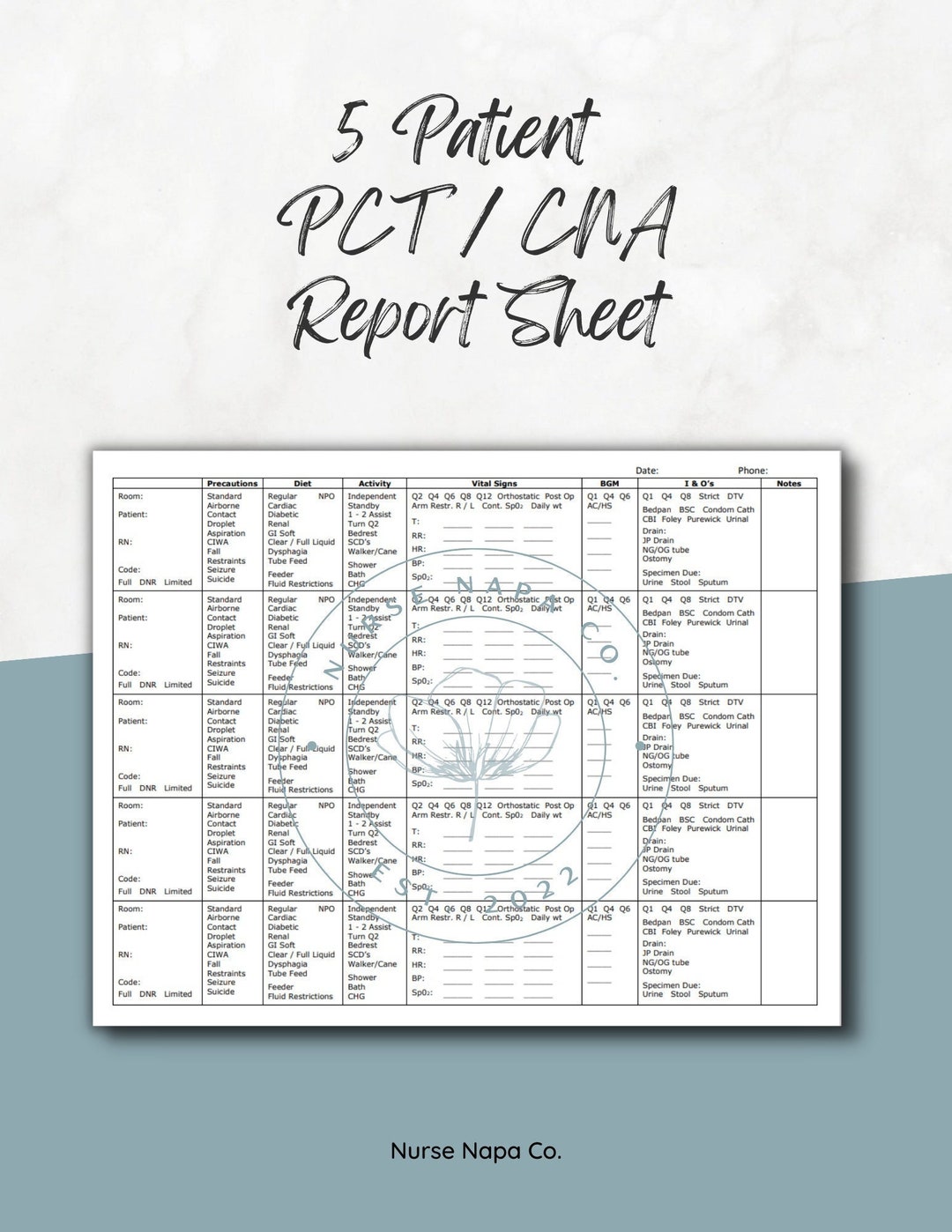 5 Patient Pct/cna Report Sheet Bundle, Certified Nurse Assistant, HIGH ...