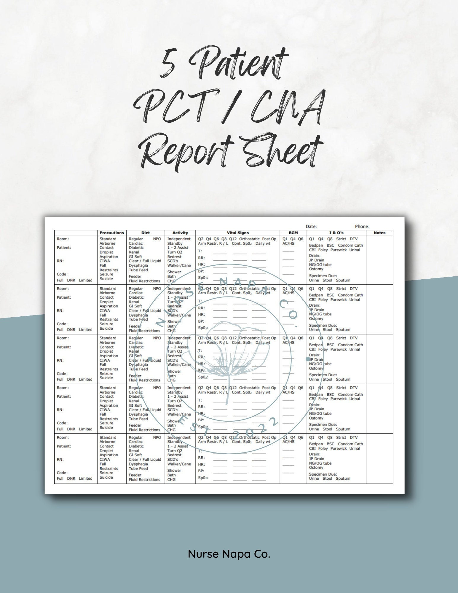 5 Patient Pct/cna Report Sheet Bundle, Certified Nurse Assistant, HIGH ...