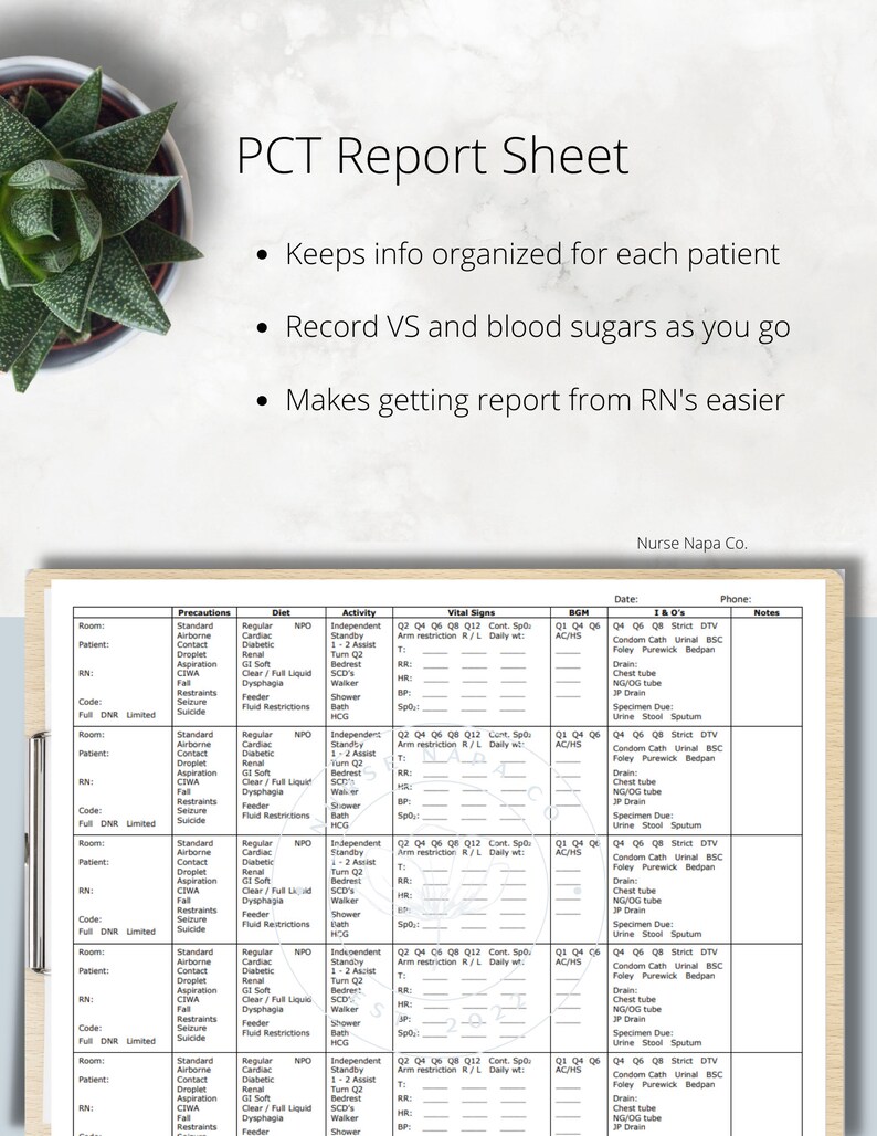 Patient Care Tech/nurse Assistant Report Sheet Multiple - Etsy