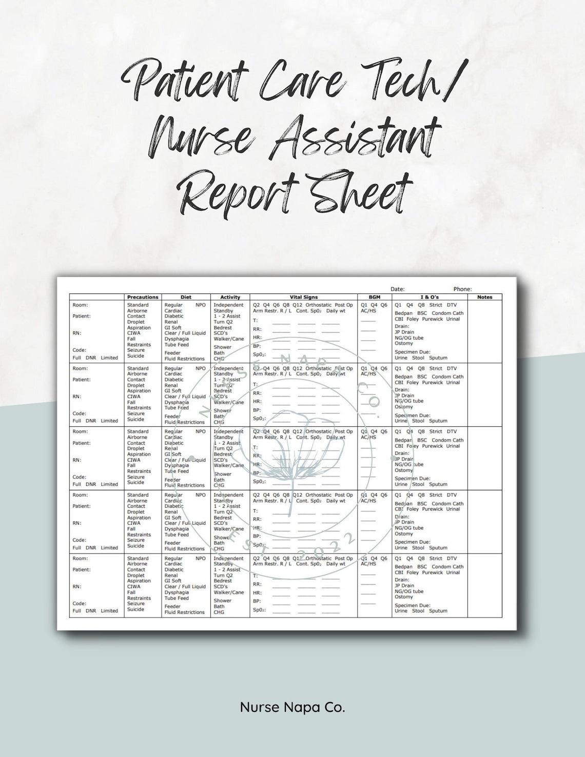 Patient Care Tech/nurse Assistant Report Sheet, Multiple Patient Care ...