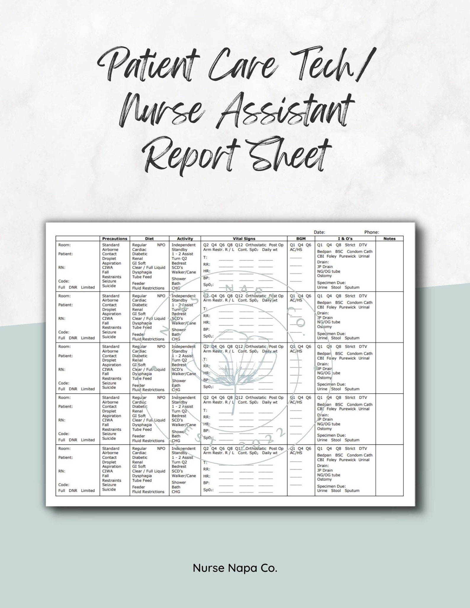 Patient Care Tech/nurse Assistant Report Sheet, Multiple Patient Care ...