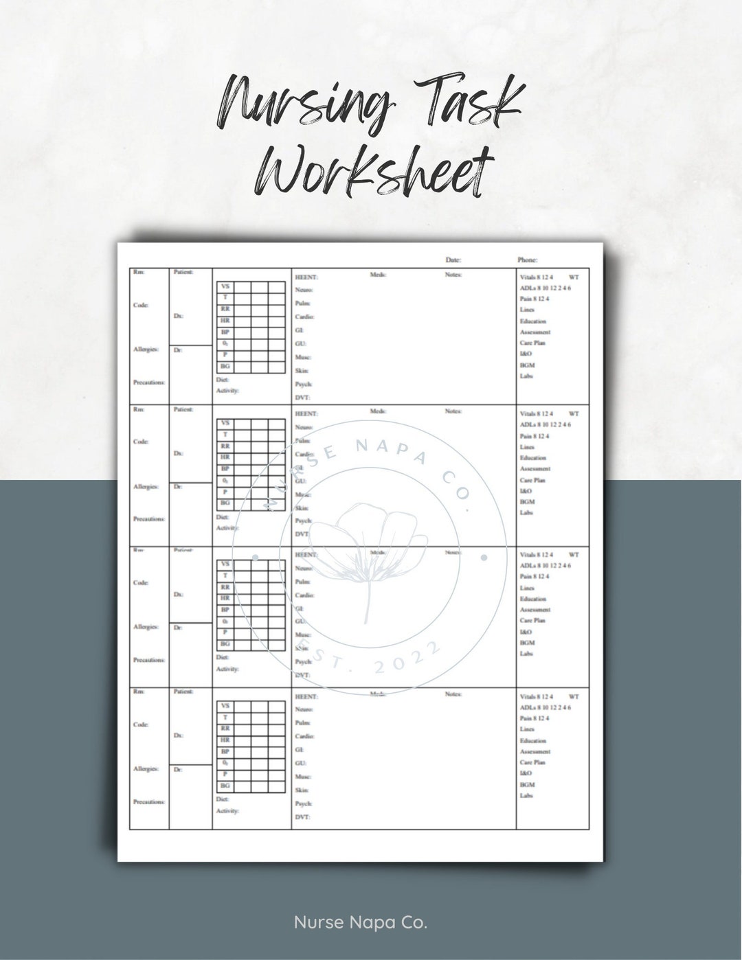 4 Patient Nursing Task Worksheet, Shift Planner, HIGH QUALITY, RN Task ...