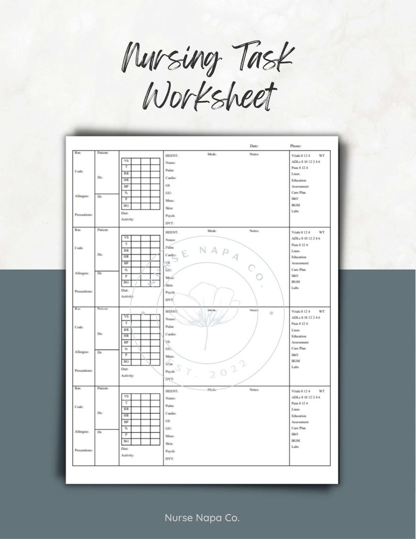4 Patient Nursing Task Worksheet, Shift Planner, HIGH QUALITY, RN Task ...