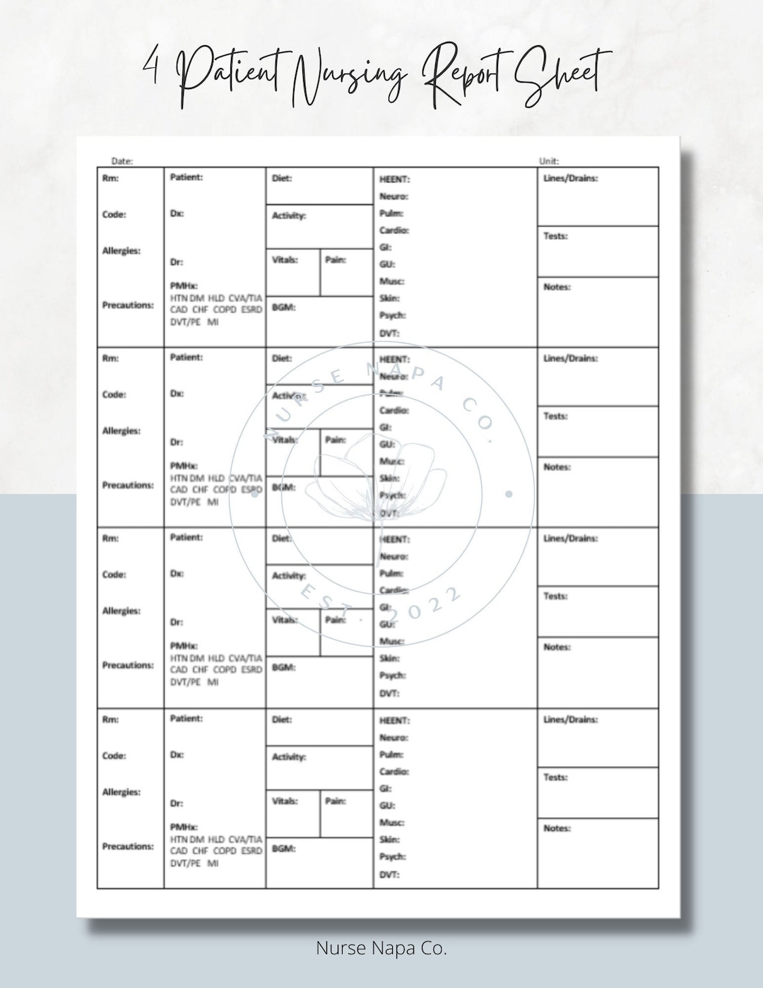 4 Patient Nursing Report Sheet Multiple Patient Report Sheet - Etsy