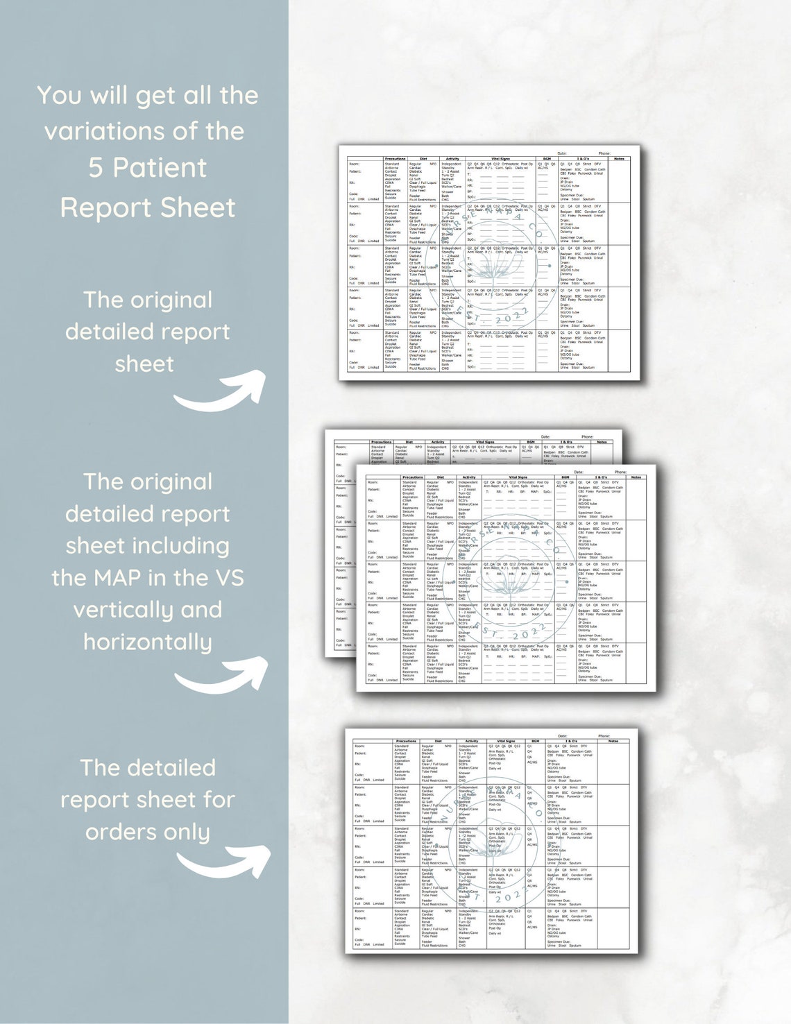 5 Patient Pct/cna Report Sheet Bundle, Certified Nurse Assistant, HIGH ...