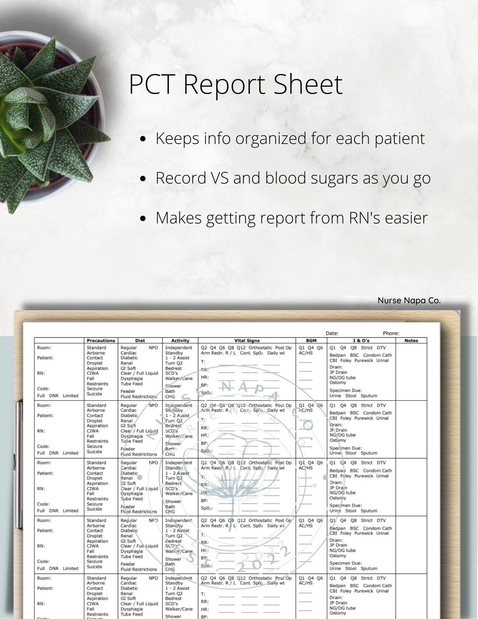 Patient Care Tech/nurse Assistant Report Sheet, Multiple Patient Care ...