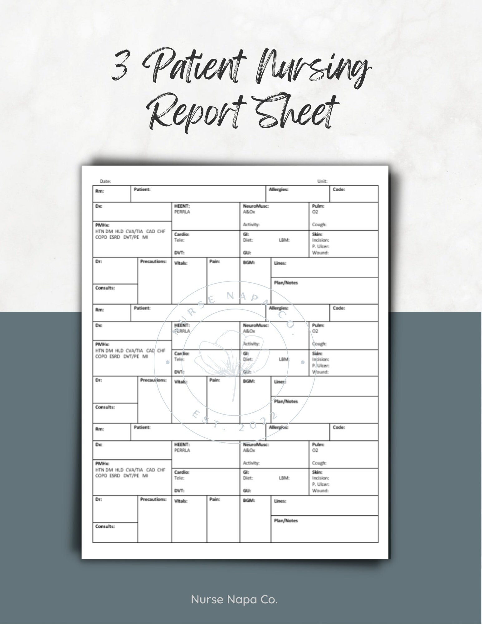 3 Patient Report Sheet, Multiple Patient Report Sheet, Nurse Shift ...