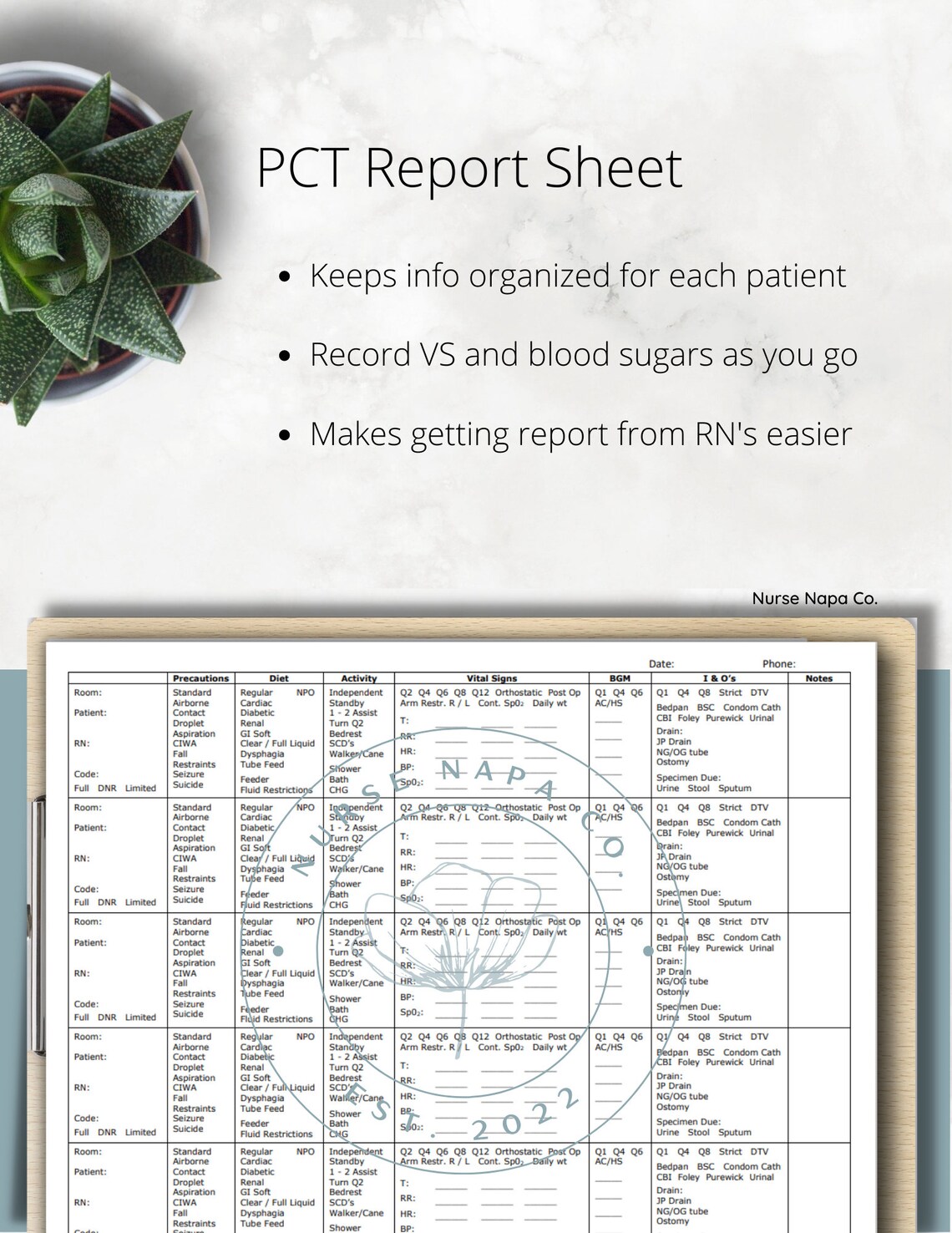 5 Patient Pct/cna Report Sheet Bundle, Certified Nurse Assistant, HIGH ...