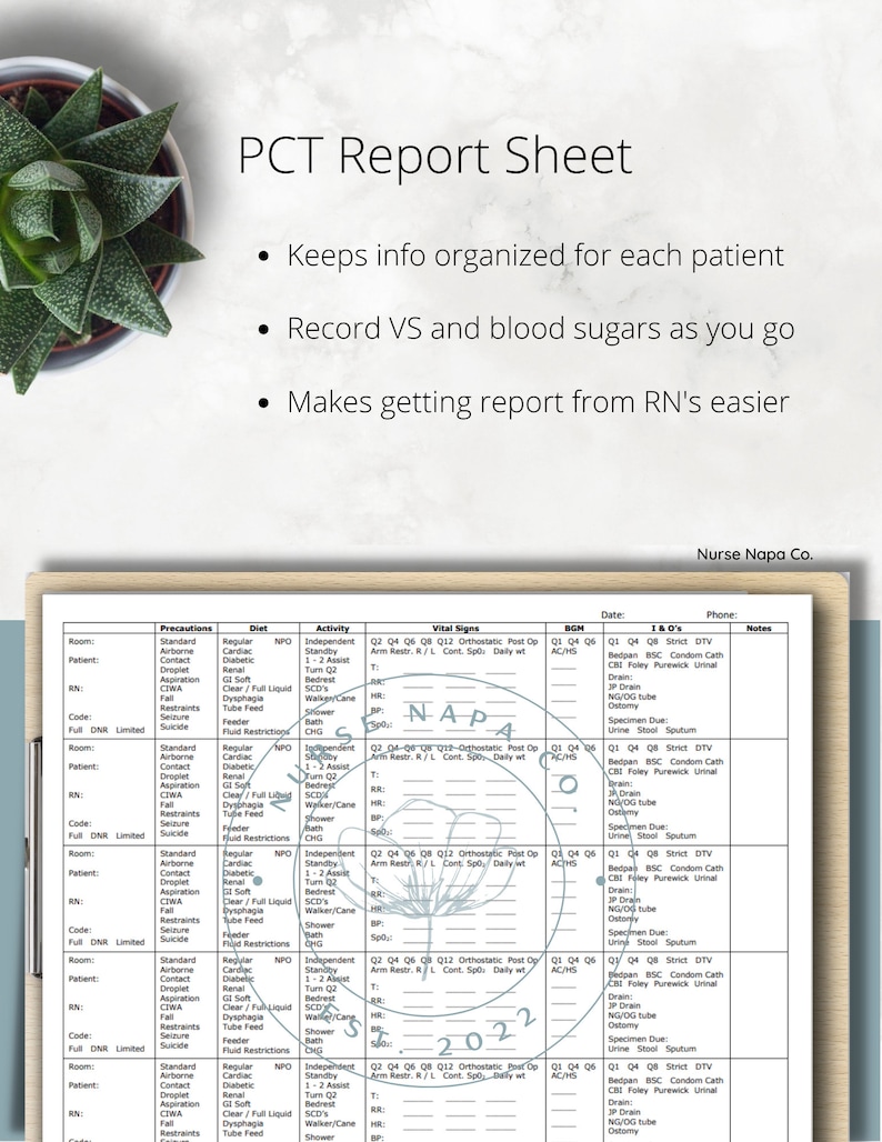 5 Patient Pct/cna Report Sheet Bundle, Certified Nurse Assistant, HIGH ...