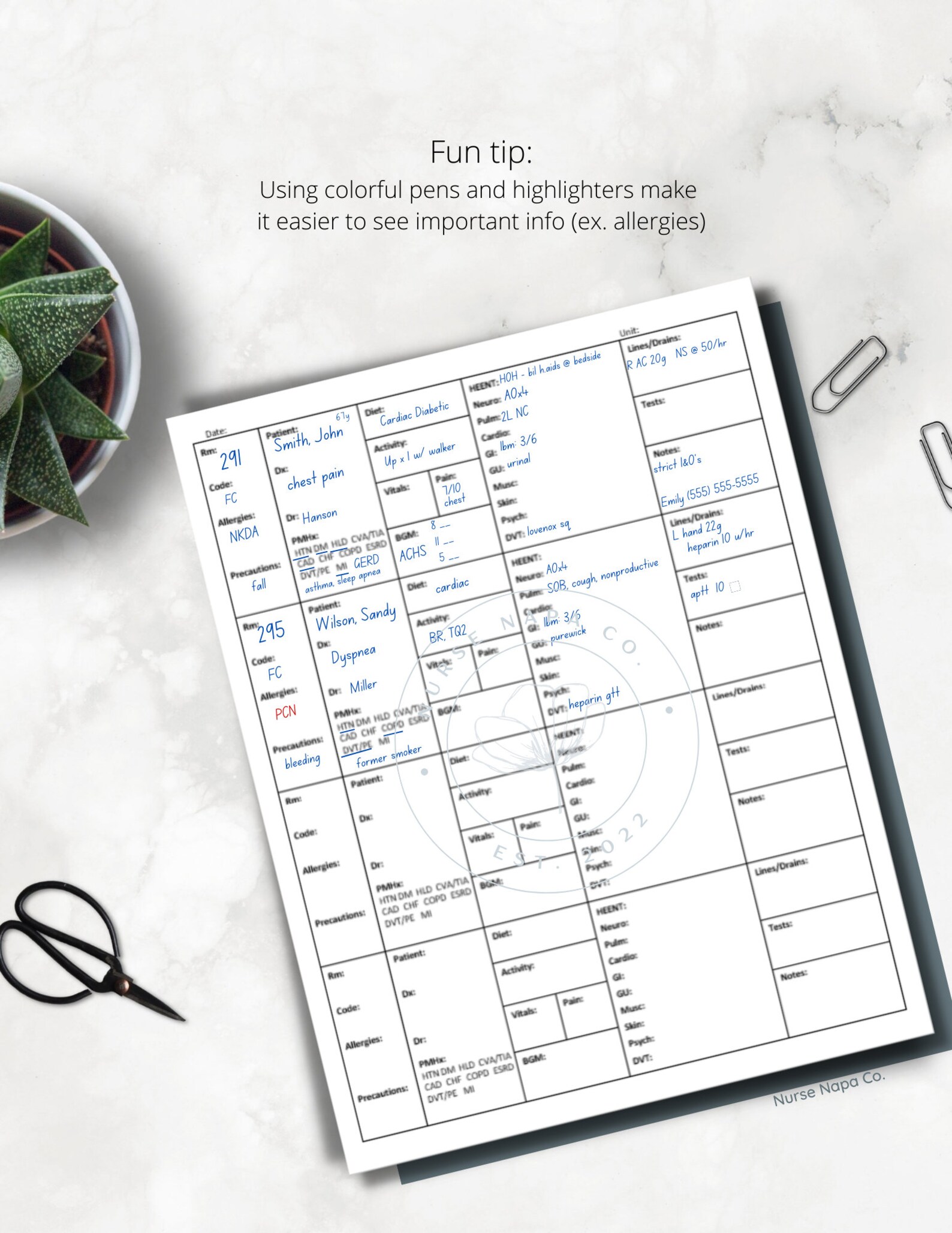 4 Patient Nursing Report Sheet, Multiple Patient Report Sheet, Shift ...