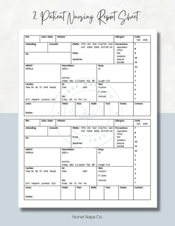 2 Patient Nursing Report Sheet Version 1 - Etsy Canada