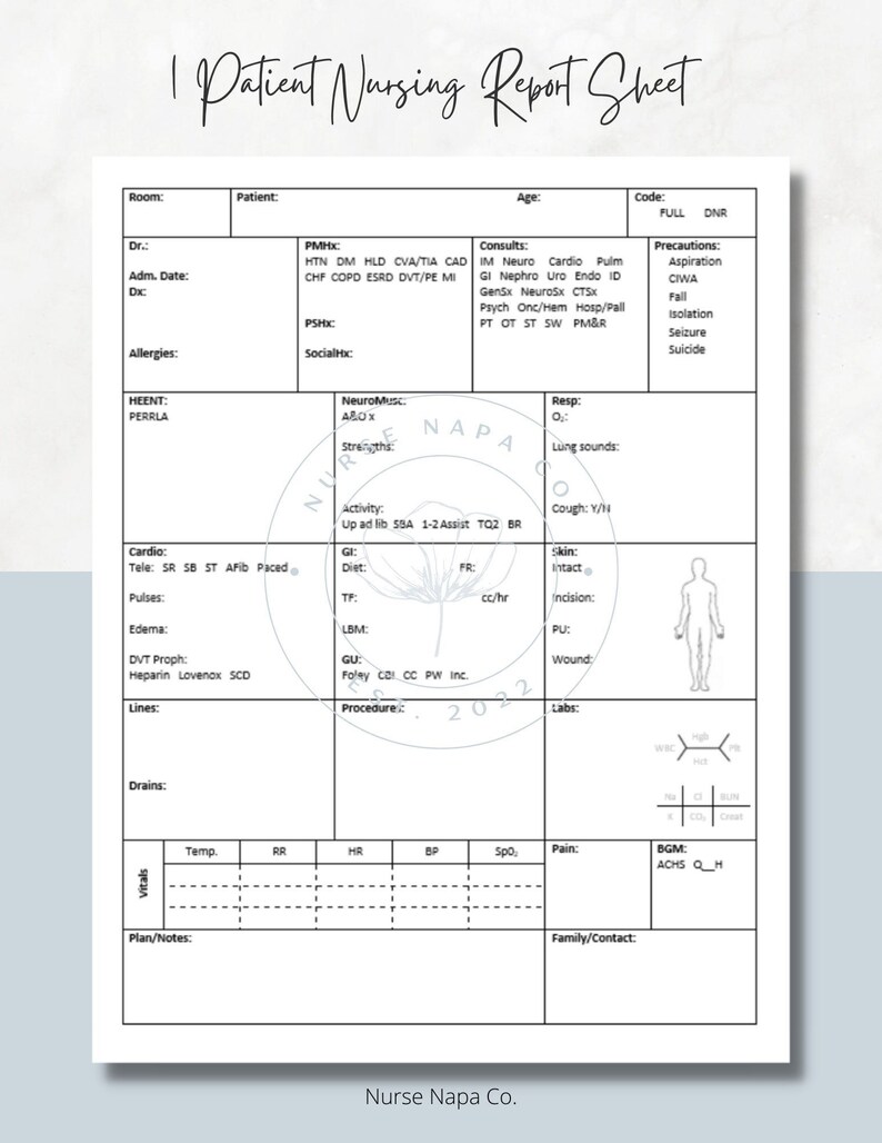Nursing Report Sheet Nurse Brain Sheet Complete Assessment - Etsy Canada