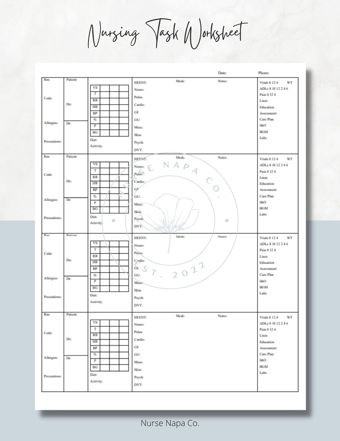 4 Patient Nursing Task Worksheet Shift Planner RN Task - Etsy