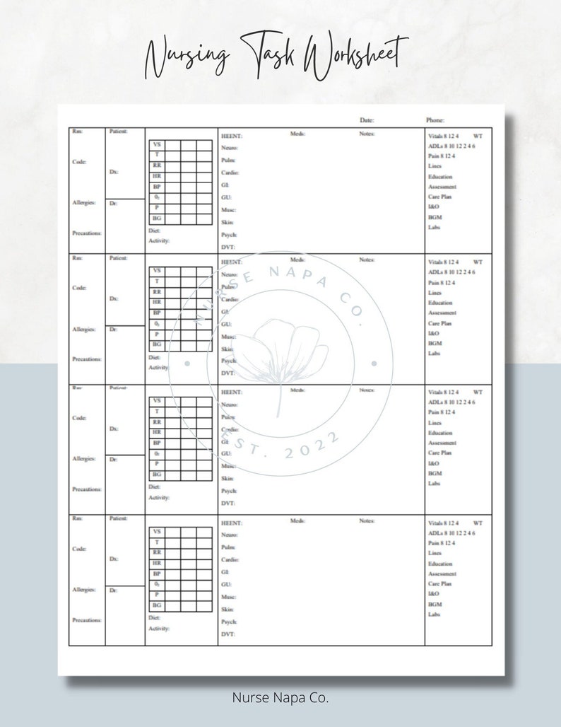 4 Patient Nursing Task Worksheet Shift Planner RN Task - Etsy
