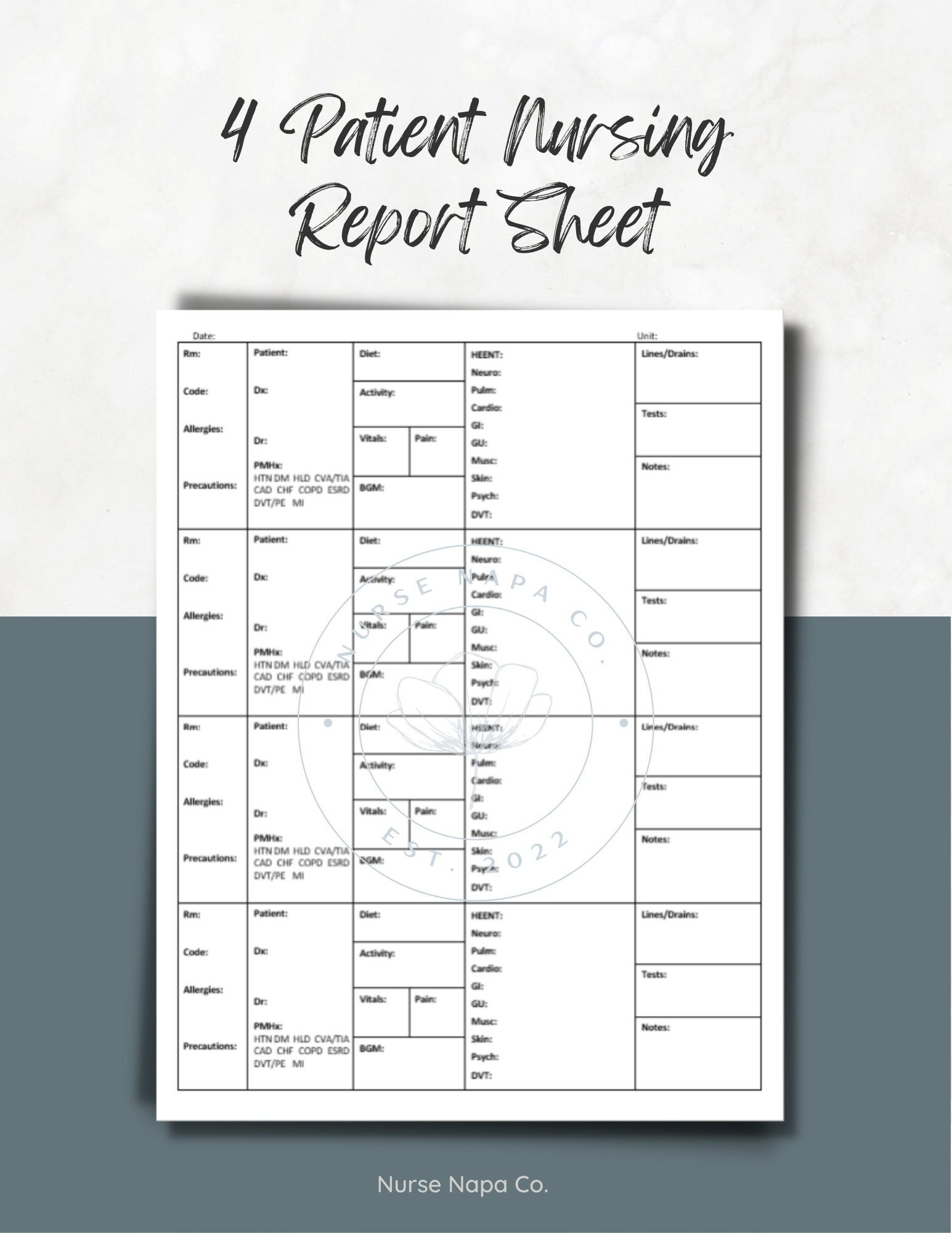 4 Patient Nursing Report Sheet, Multiple Patient Report Sheet, Shift ...