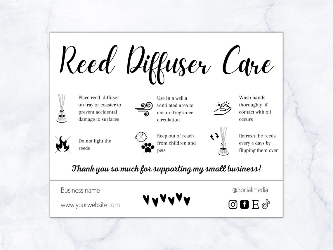 Reed Diffuser Care Card Template Editable Reed Diffuser Care ...