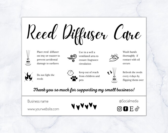 Reed Diffuser Care Card Template Editable Reed Diffuser Care ...