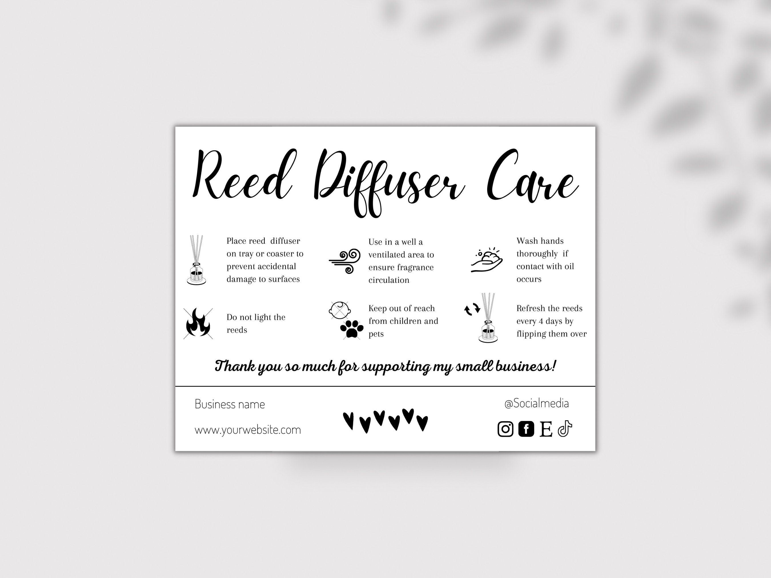 Reed Diffuser Care Card Template Editable Reed Diffuser Care ...