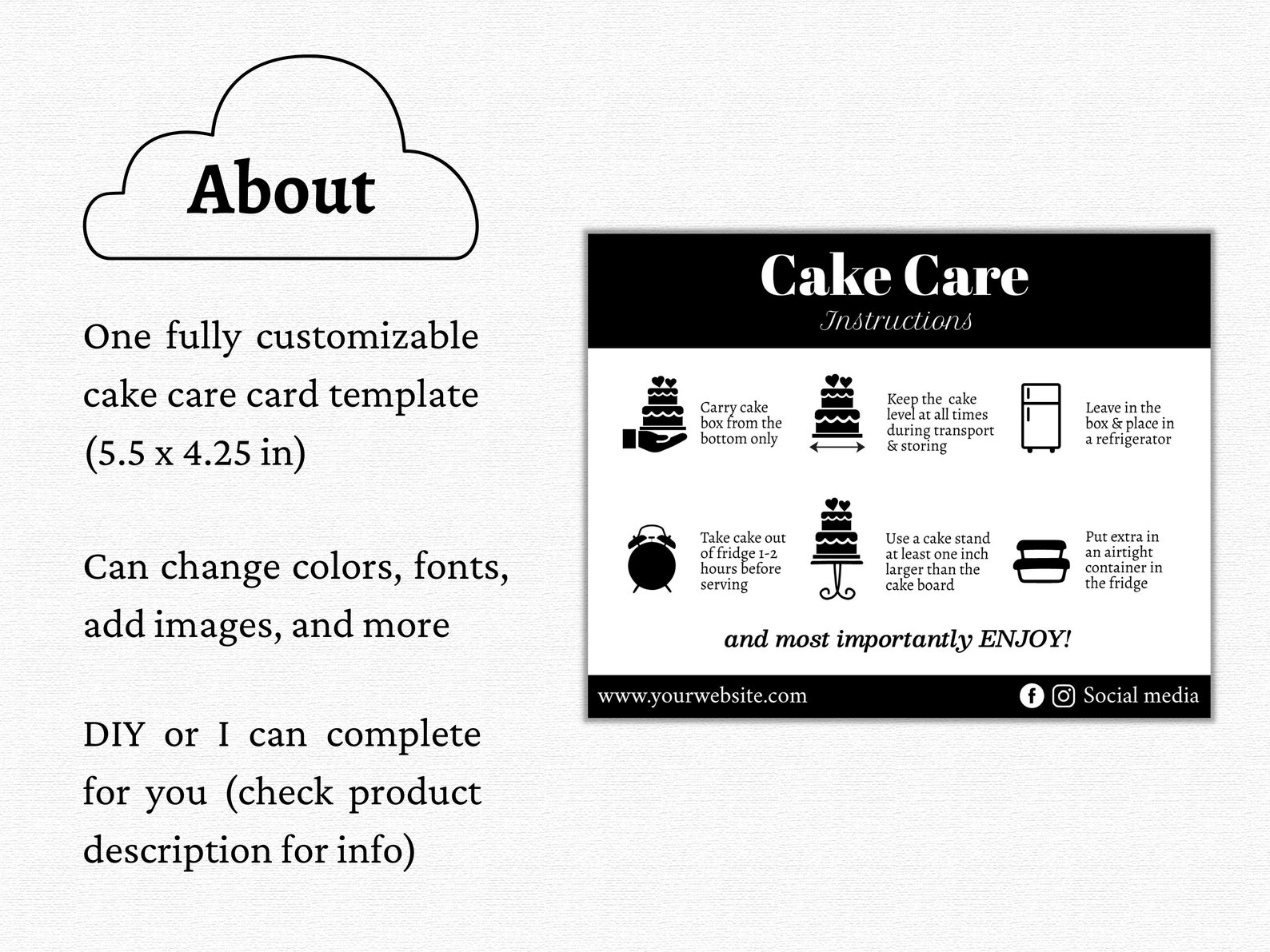Cake Care Card Instructions Template Printable Cake Guide Editable ...