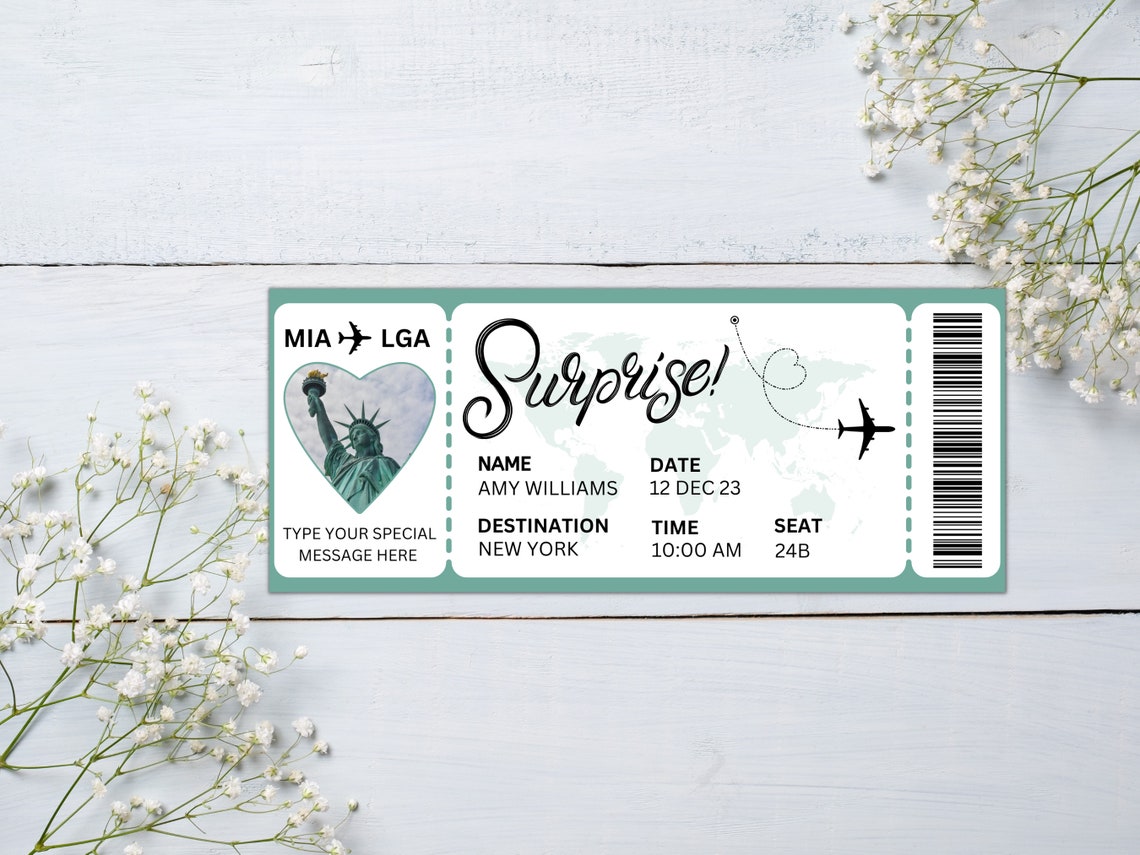 NYC Boarding Pass, New York Plane Ticket, Editable and Printable Trip ...