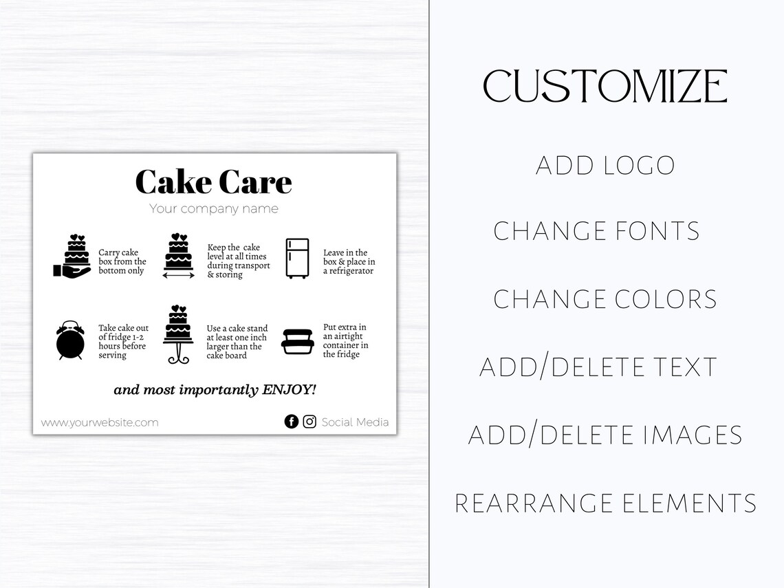 Cake Care Card Instructions Template Printable Cake Guide - Etsy