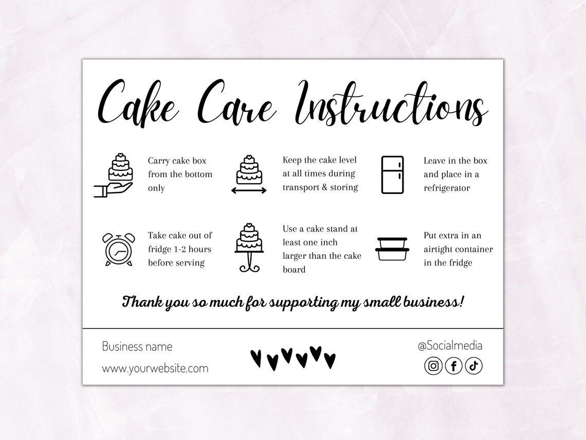 Cake Care Cards, Cake Care Instructions, Template and Guide - Etsy