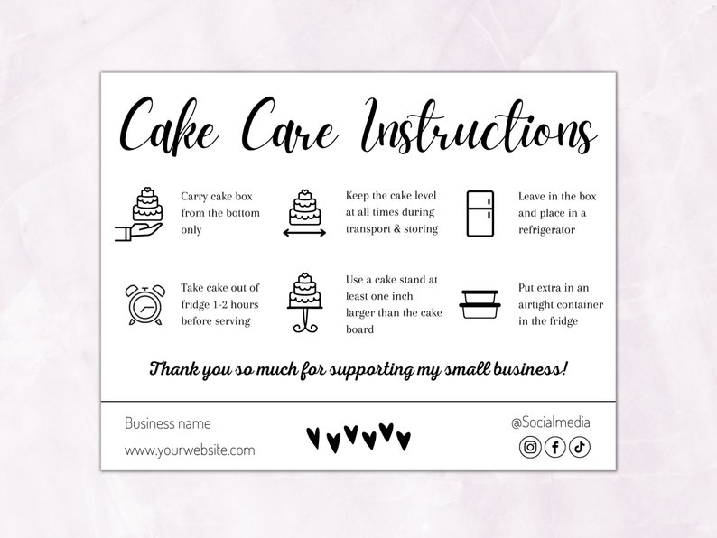 Cake Care Cards, Cake Care Instructions, Template and Guide - Etsy