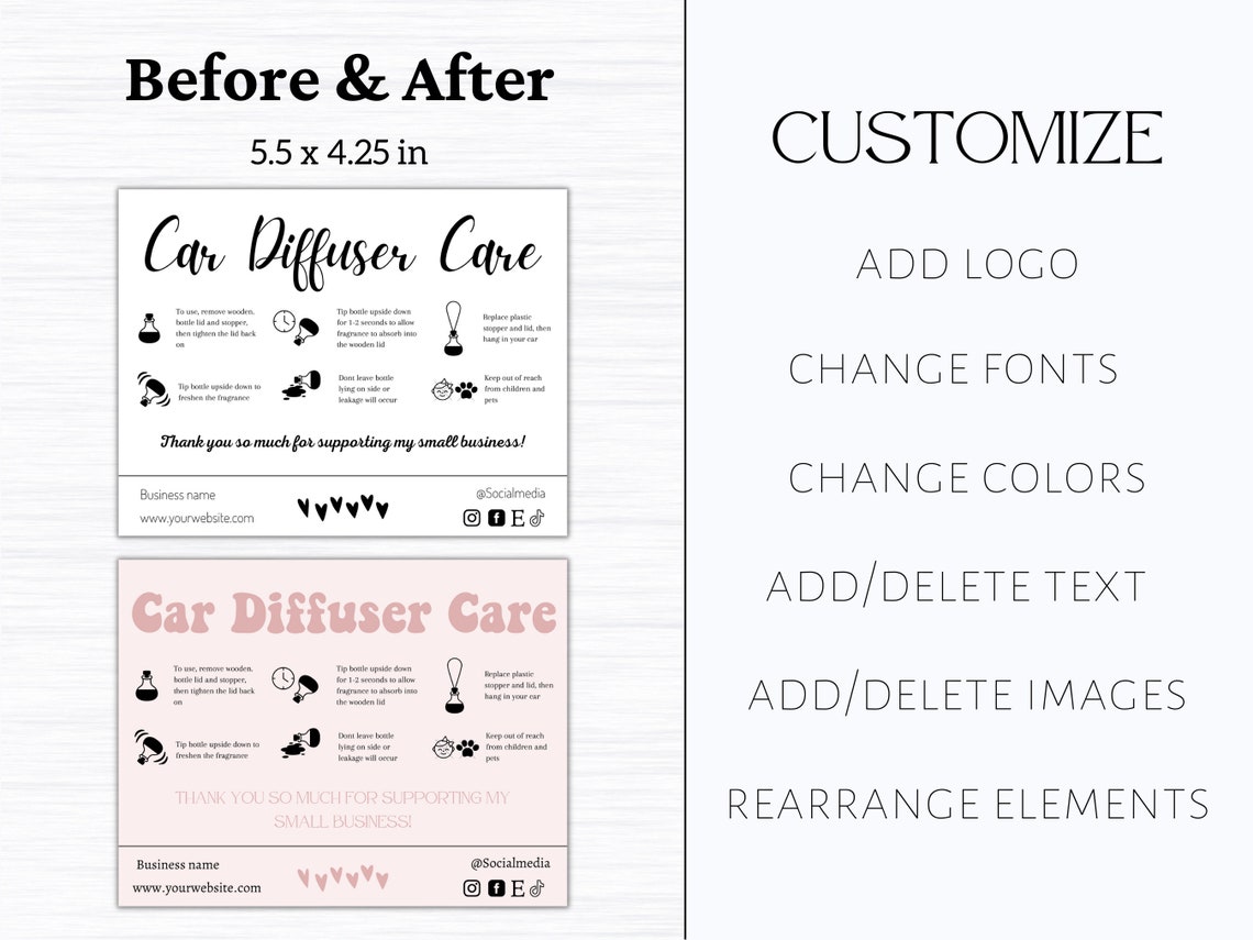 Car Diffuser Care Card, Car Diffuser Instructions, Editable Car Scent ...