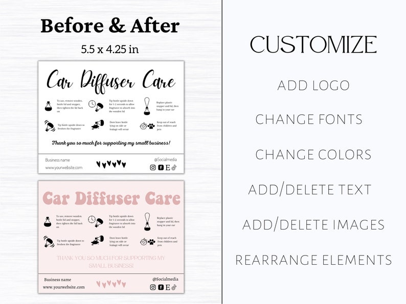 Car Diffuser Care Card, Car Diffuser Instructions, Editable Car Scent ...