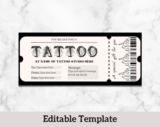 Tattoo Voucher, Tattoo Coupon, Tattoo Gift Certificate Card, Ticket ...