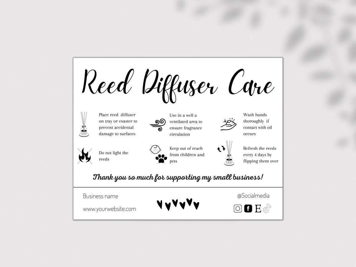Reed Diffuser Care Card Template Editable Reed Diffuser Care | Etsy