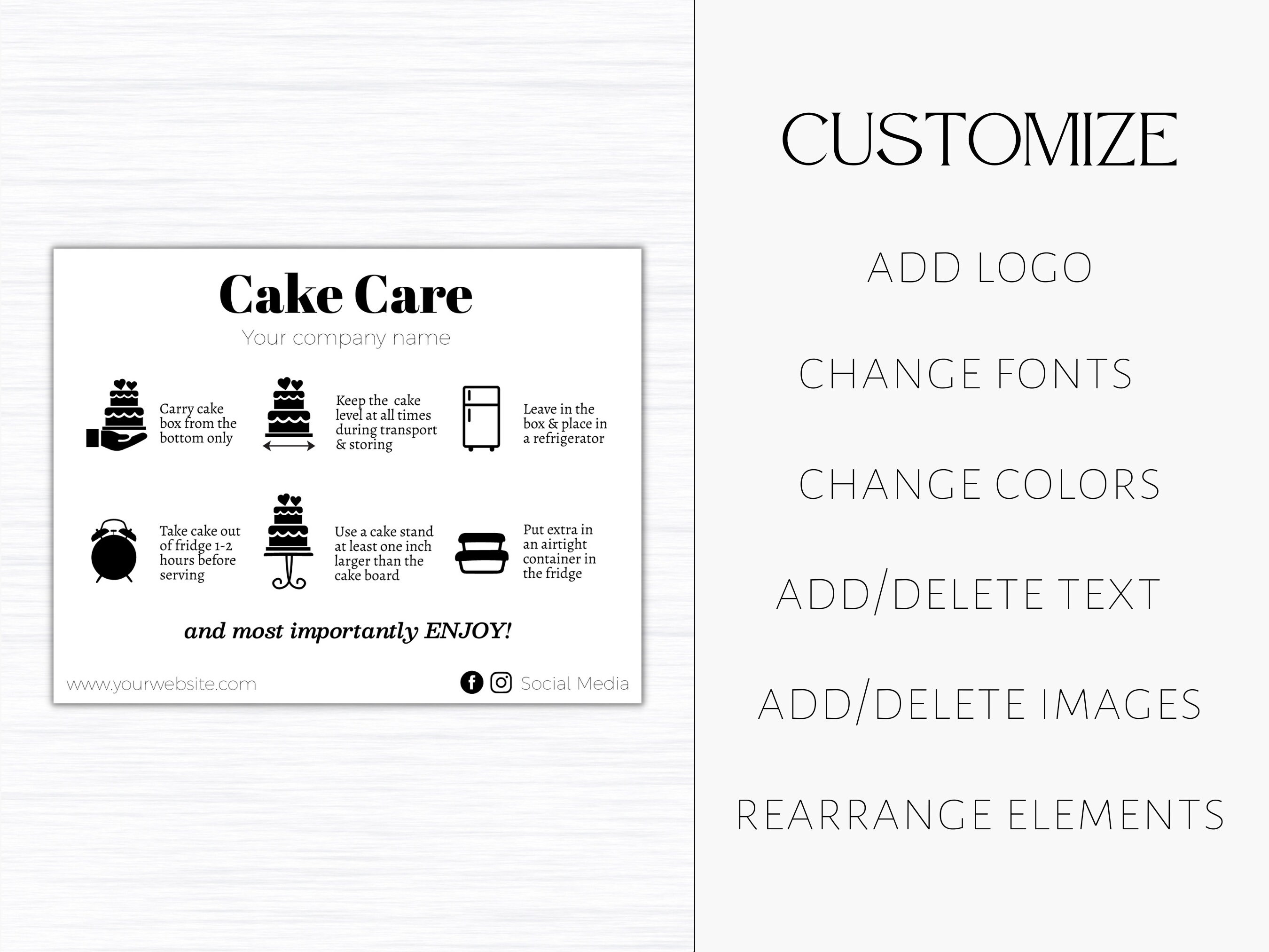 Cake Care Card Instructions Template Printable Cake Guide Editable ...