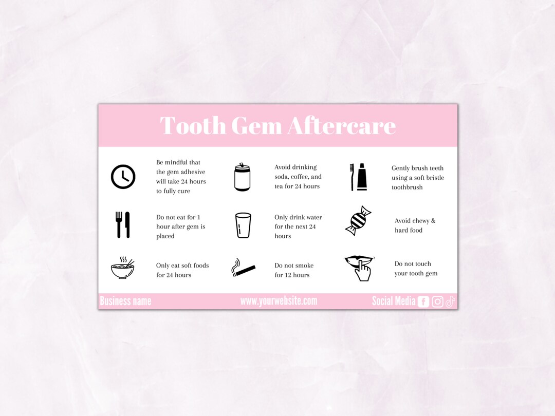 Tooth Gem Aftercare Template, Editable Teeth Crystals Care Card ...