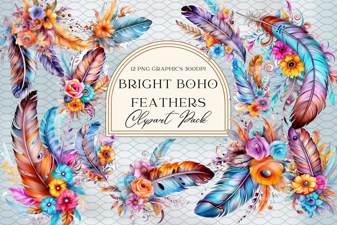 Watercolor Bright Boho Feather Sublimation Clipart Illustrations ...