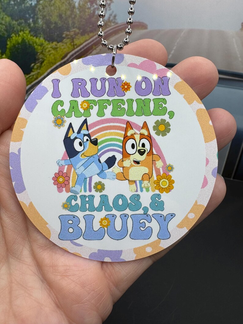 Bluey Caffeine, Chaos, & Bluey, Rear View Mirror Charm, Car Accessory ...