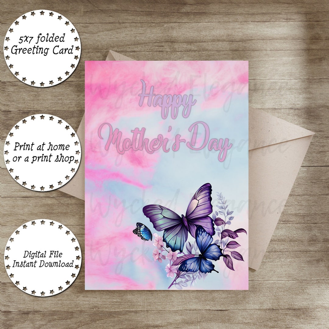 Printable Instant Download Mother's Day Card Butterfly Design Card With ...