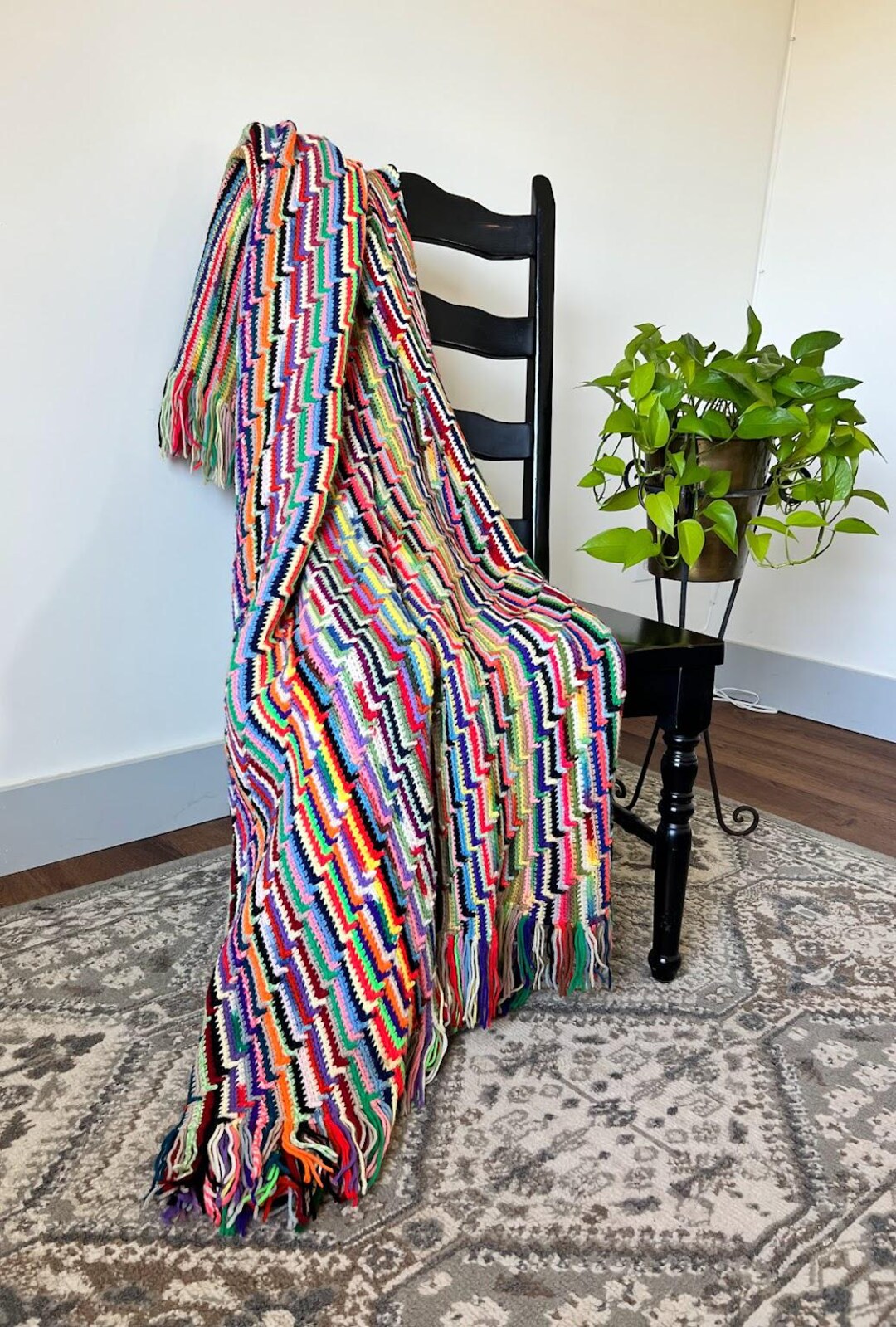 Vintage. Homemade. Crocheted. Multi Color. Apache Tears. Fringed ...