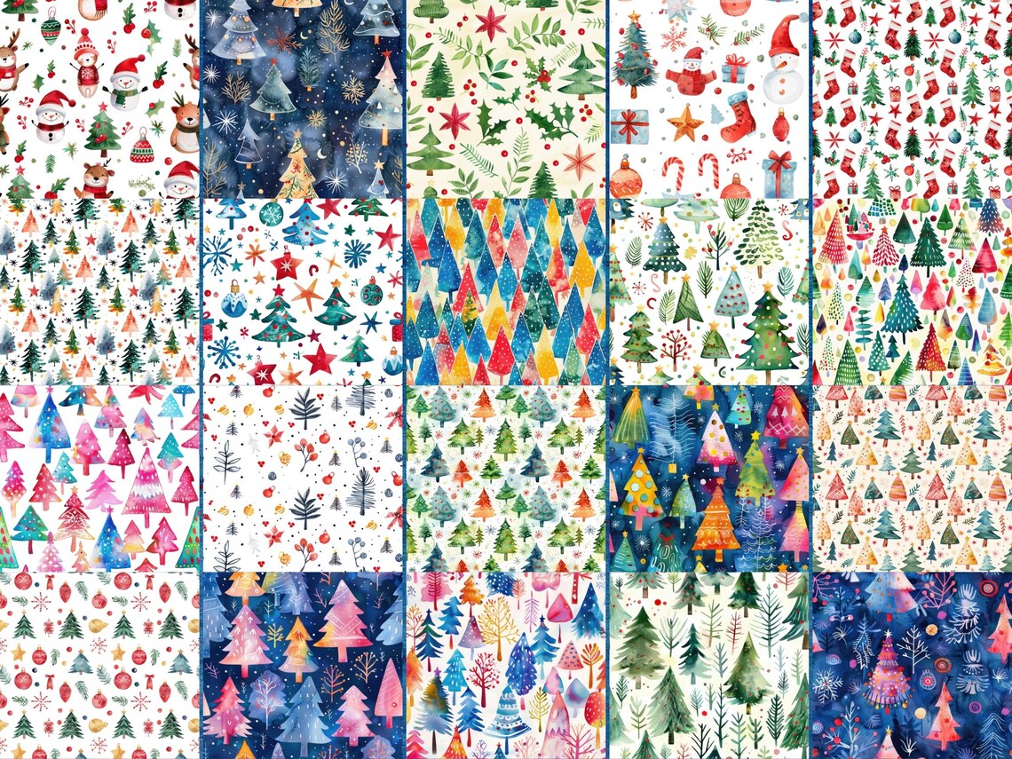 Whimsical Watercolor Christmas Tree Pattern Paper Pack 27 Sheets ...