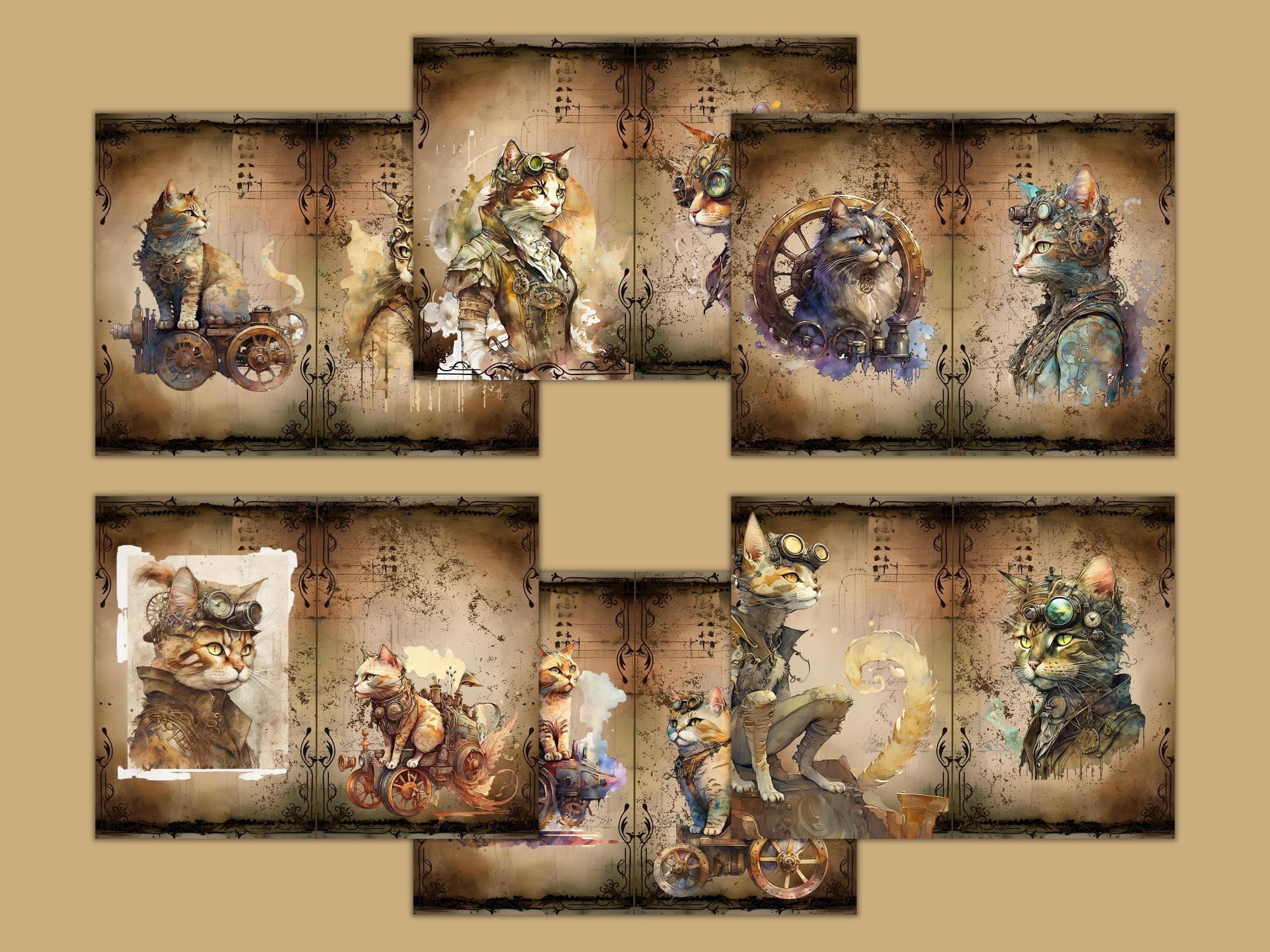 Steampunk Cats Junk Journal Pages, Steampunk Ephemera Pack, Steampunk ...