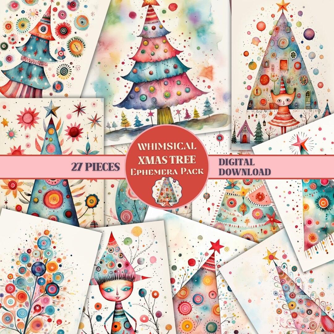 Watercolor Whimsical Christmas Tree Ephemera Pack PRINTABLE Christmas ...