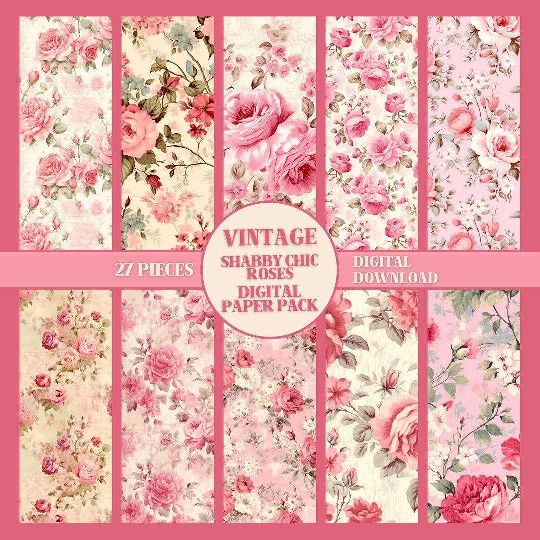 Vintage Pink Shabby Chic Roses Paper Pack 27 Sheets DIGITAL Scrapbook ...